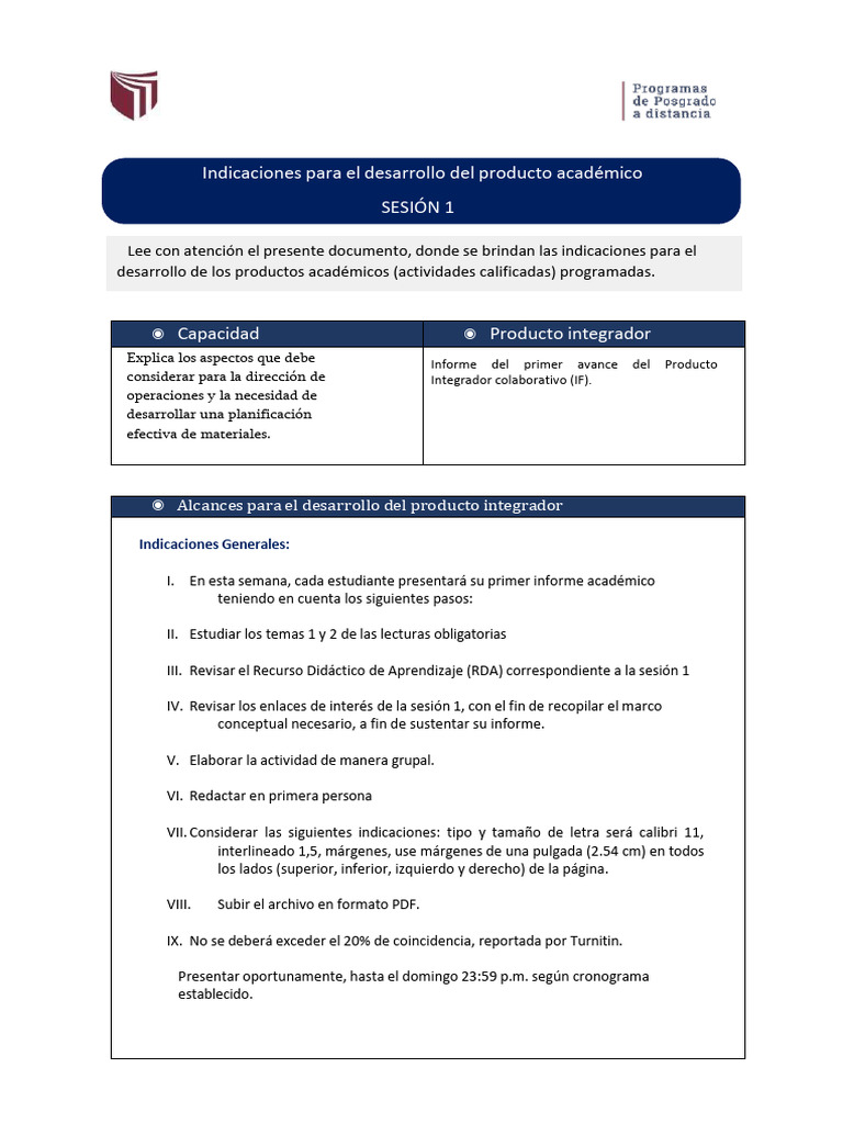 Hoja de Indicaciones Producto Académico s1. Cp Sala 1 (1) | PDF