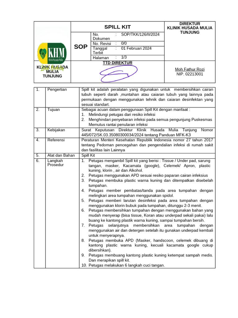 Prosedur Penggunaan Spill Kit Klinik | PDF