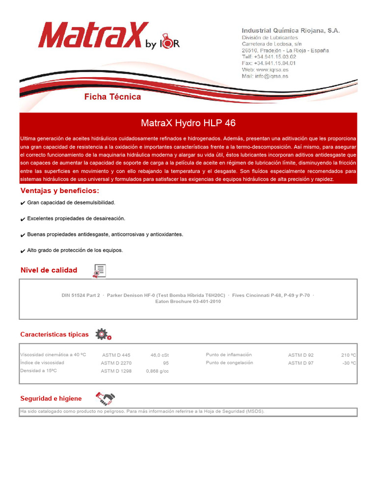 FT MatraX Hydro HLP 46 | PDF | Lubricante | Ingeniería mecánica