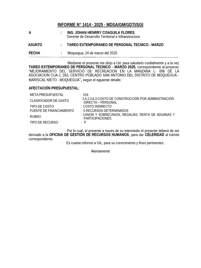 Tareo Extemporáneo Personal Técnico Marzo 2025 | PDF