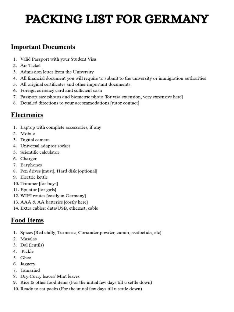 Packing List For Germany Final | PDF | Clothing | Baggage