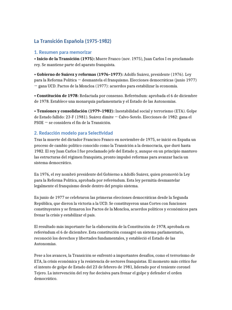 Resumen Transicion Espanola | PDF | España franquista | Gobierno