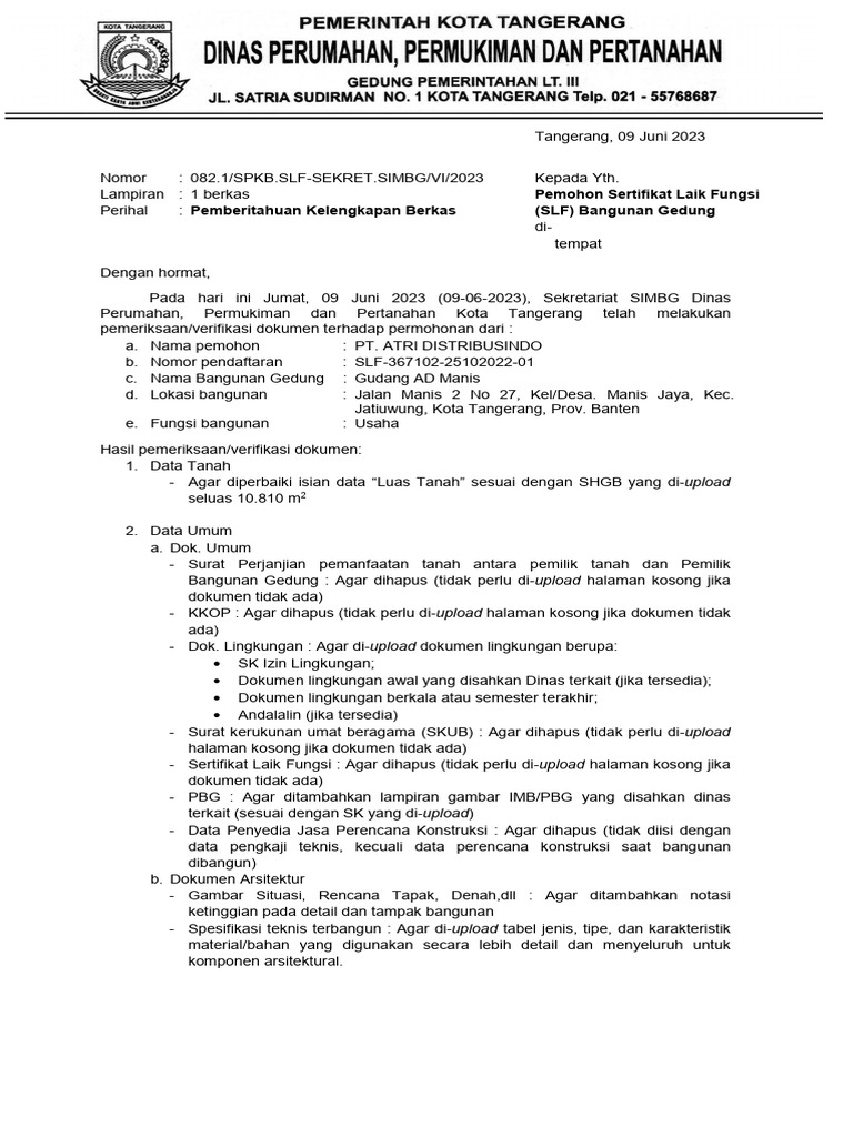 Pemberitahuan Kelengkapan Berkas SLF | PDF