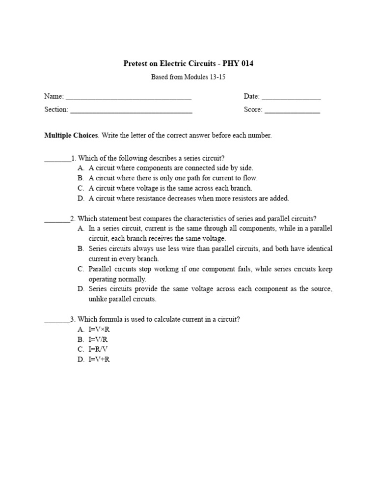 Pretest On Electric Circuits - PHY 014 | PDF | Series And Parallel ...