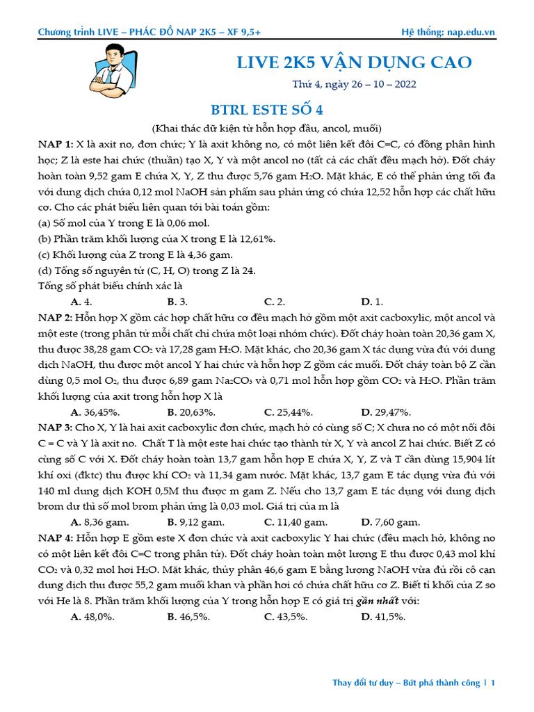 Thứ 4 (26.10) Chữa BTRL Este - Phần 4 | PDF