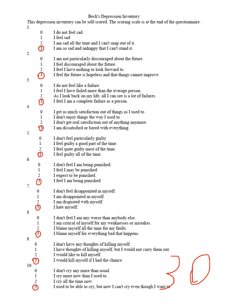 Beck Depression Inventory Questionnaire | PDF | Mental Health | Emotions