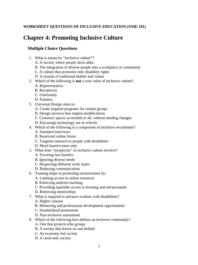 Inclusive Education Worksheet Questions | PDF | Inclusion (Education ...
