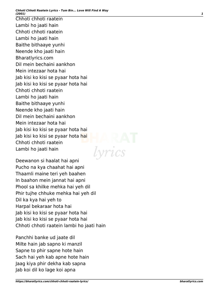 Chhoti Chhoti Raatein Lyrics | PDF