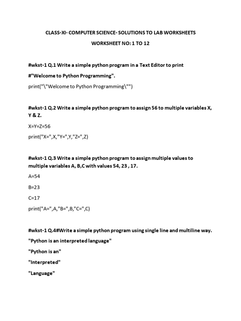 Class-Xi - Computer Science-Lab Worksheets 1 To 12 - Answers-2024 | PDF | Integer (Computer ...