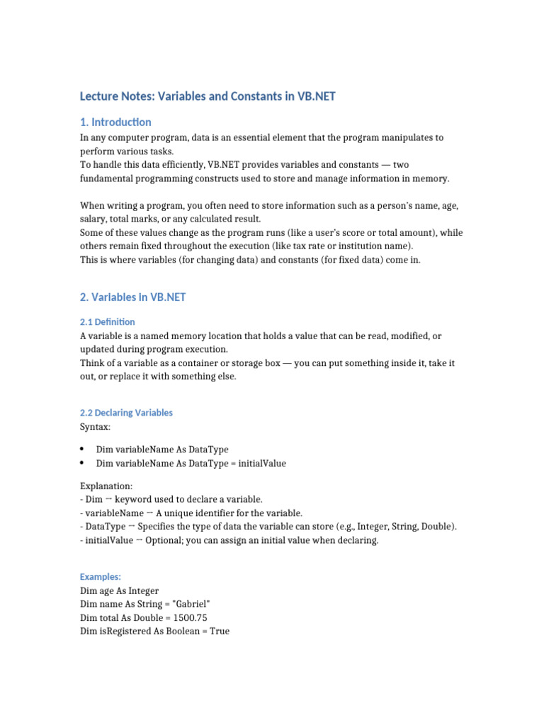 VB.NET Variables and Constants Guide | PDF | Variable (Computer Science ...