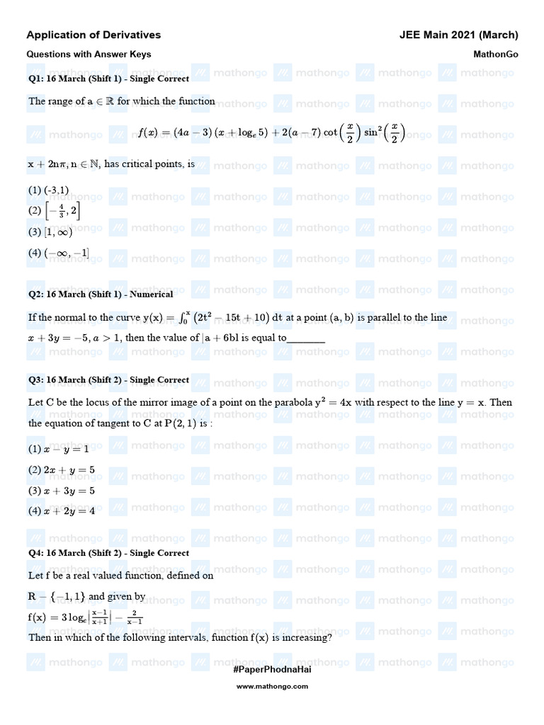 Mathongo Question Application of Derivatives Jee Main 2021 March Chapterwise ...