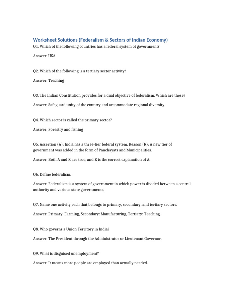 Worksheet Federalism Sectors QA Final | PDF | Economies