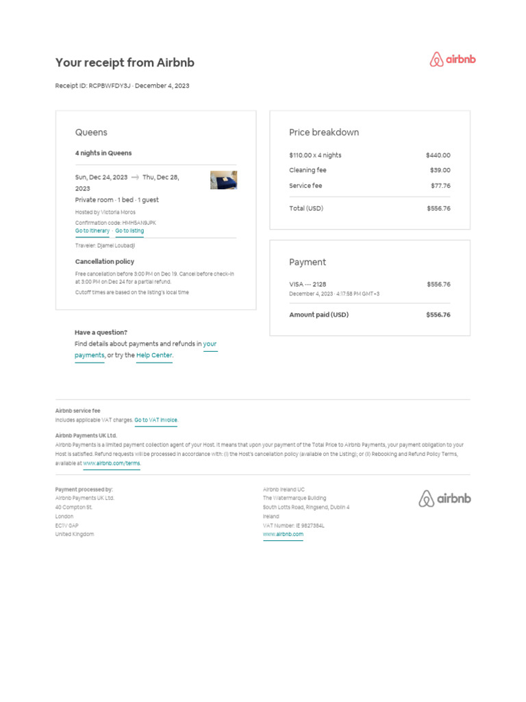 Your Airbnb Receipt - 24 To 28 Dec | PDF | Services (Economics) | Money