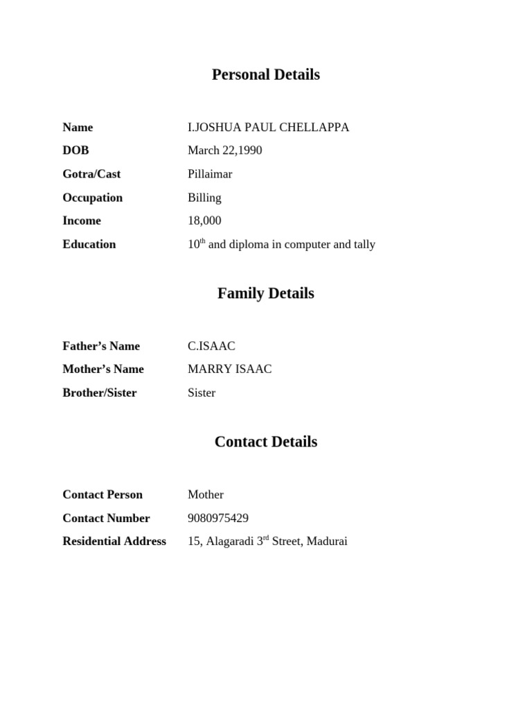 Personal Details: Name DOB Gotra/Cast Occupation Income Education | PDF