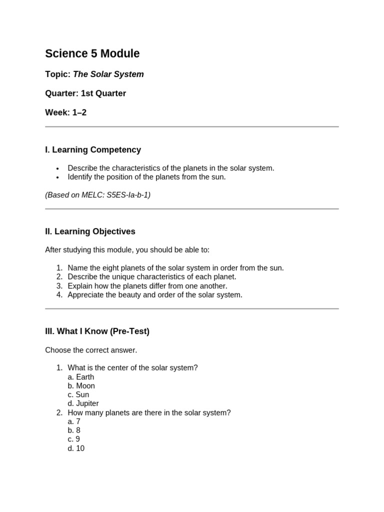 Science 5 Module The Solar System | PDF | Planets | Solar System