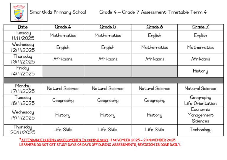 Grade 4-7 Assessment Timetable Term 4 | PDF