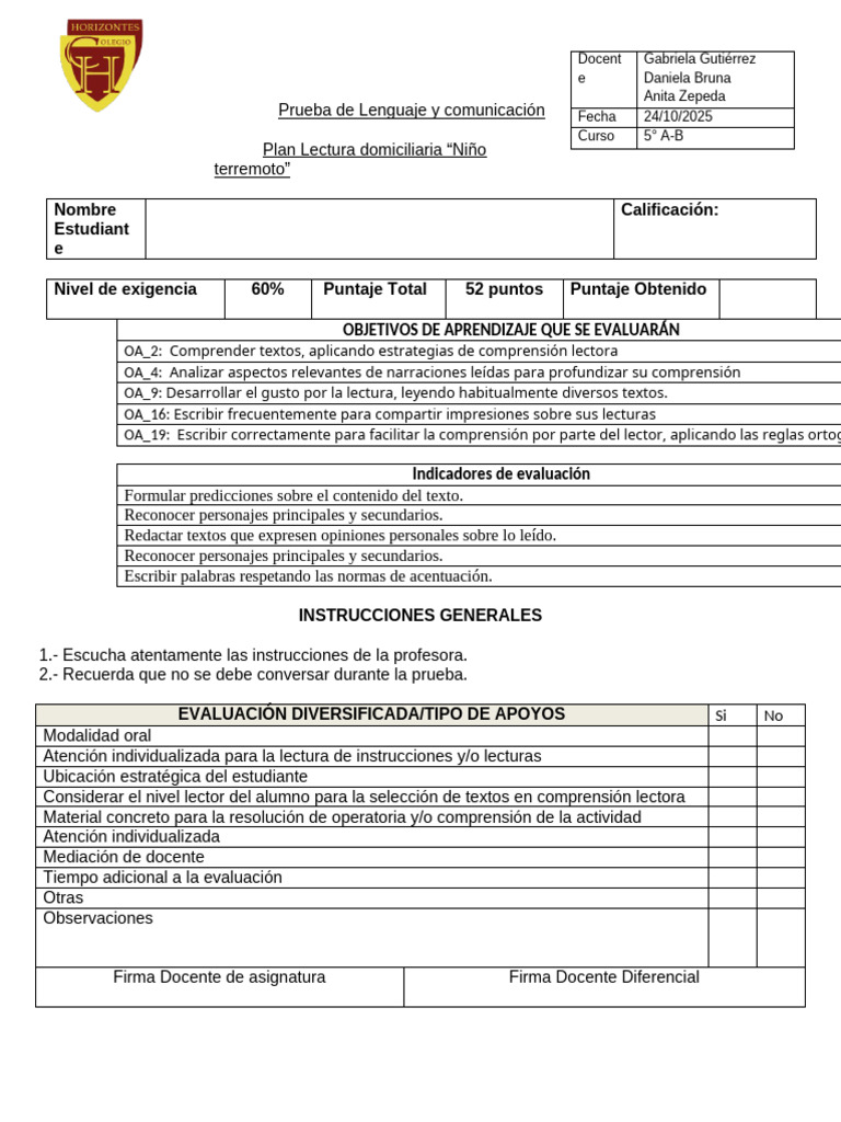 Prueba Niño Terremoto 5° Básico - Revisda UTP | PDF | Comprensión lectora