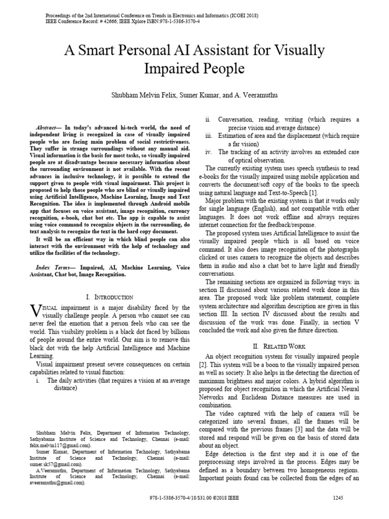 A Smart Personal AI Assistant For Visually Impaired People | PDF | Computer Vision | Artificial ...