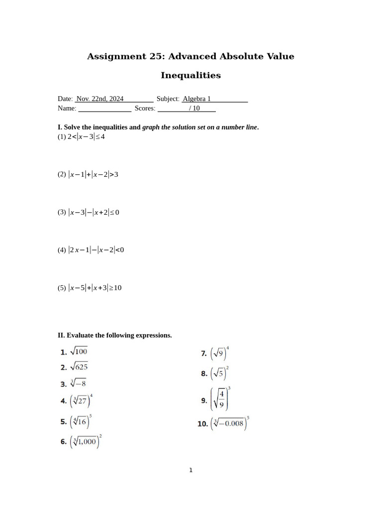 Assignment 25 - Advanced Absolute Value Inequalities | PDF