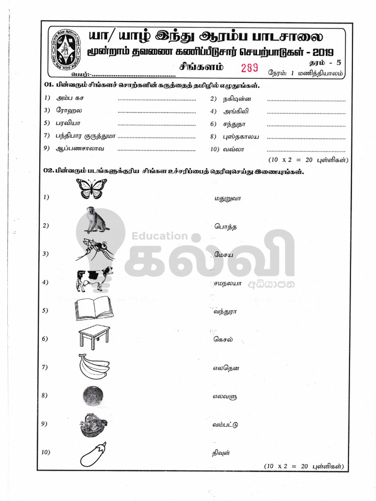 Gr5 Ta 2nd Language Sinhala 2019 Term 3 | PDF