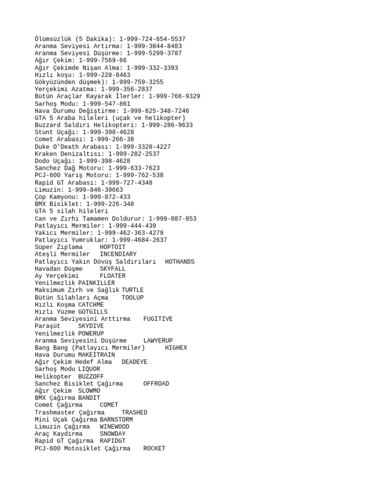 Gta V Cheat Codes | PDF