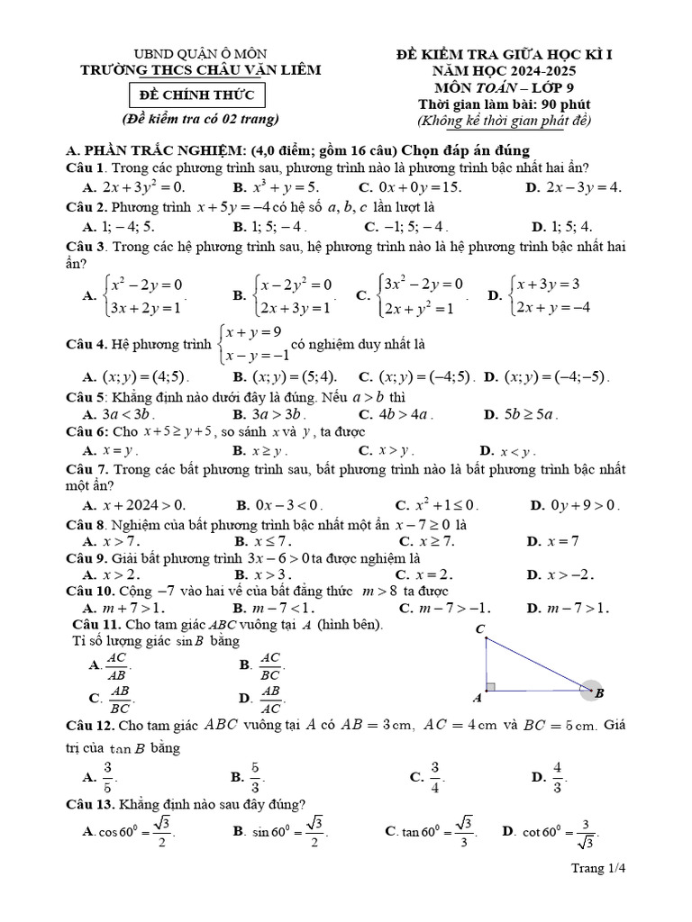 De Giua Ki 1 Toan 9 Nam 2024 2025 Truong Thcs Chau Van Liem Can Tho | PDF