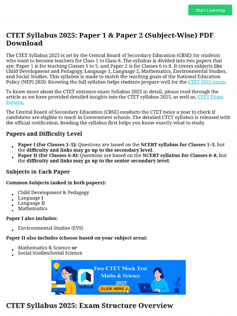 CTET Syllabus 2025_ Paper 1 & Paper 2 (Subject-Wise) PDF Download | PDF
