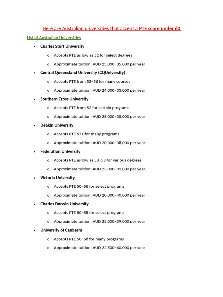 Australian Universities Accepting PTE