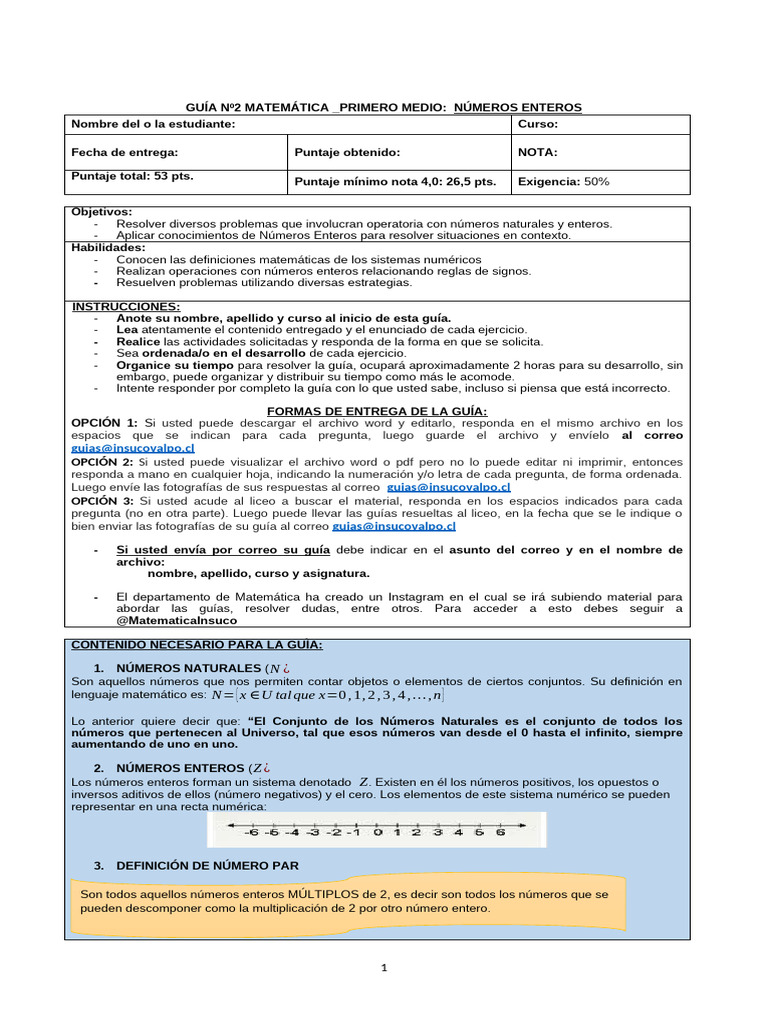 Guía de Números Enteros para Primero Medio | PDF | Entero | Números