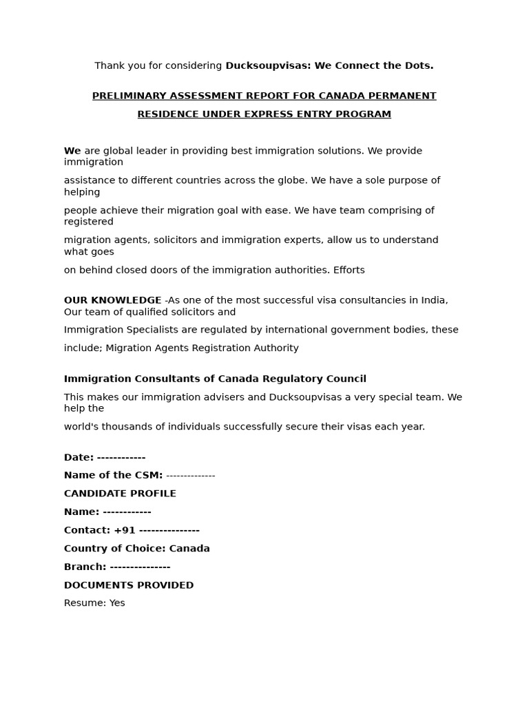 Canada Express Entry Visa Assessment Report | PDF | International ...