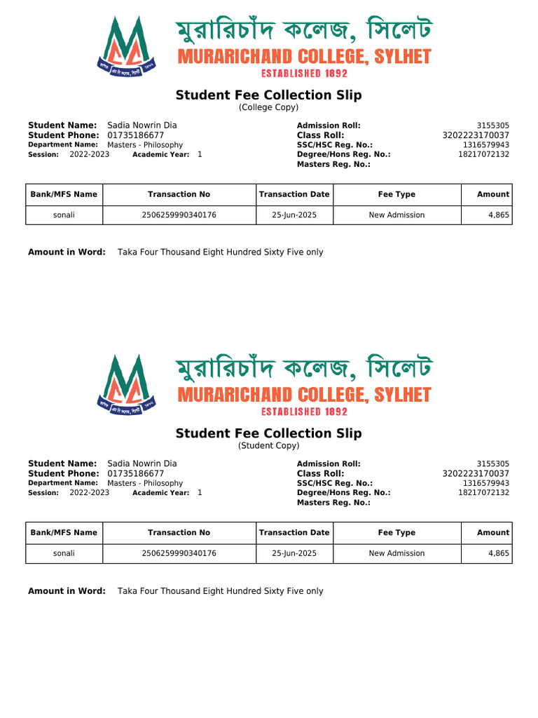 Student Fee Collection Slip: (College Copy) 3202223170037 | PDF