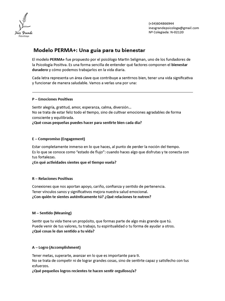 Guía del Modelo PERMA+ para el Bienestar | PDF | Bienestar | Las emociones