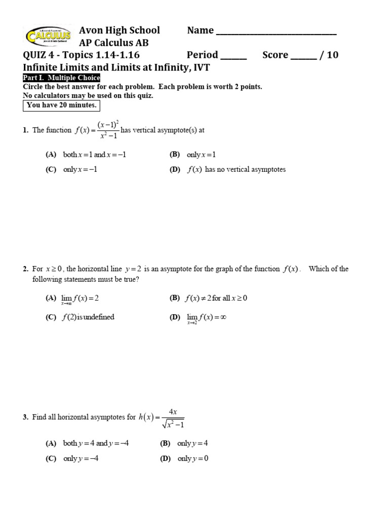 AP Calculus AB Quiz on Limits and IVT | PDF | Asymptote | Combinatorics