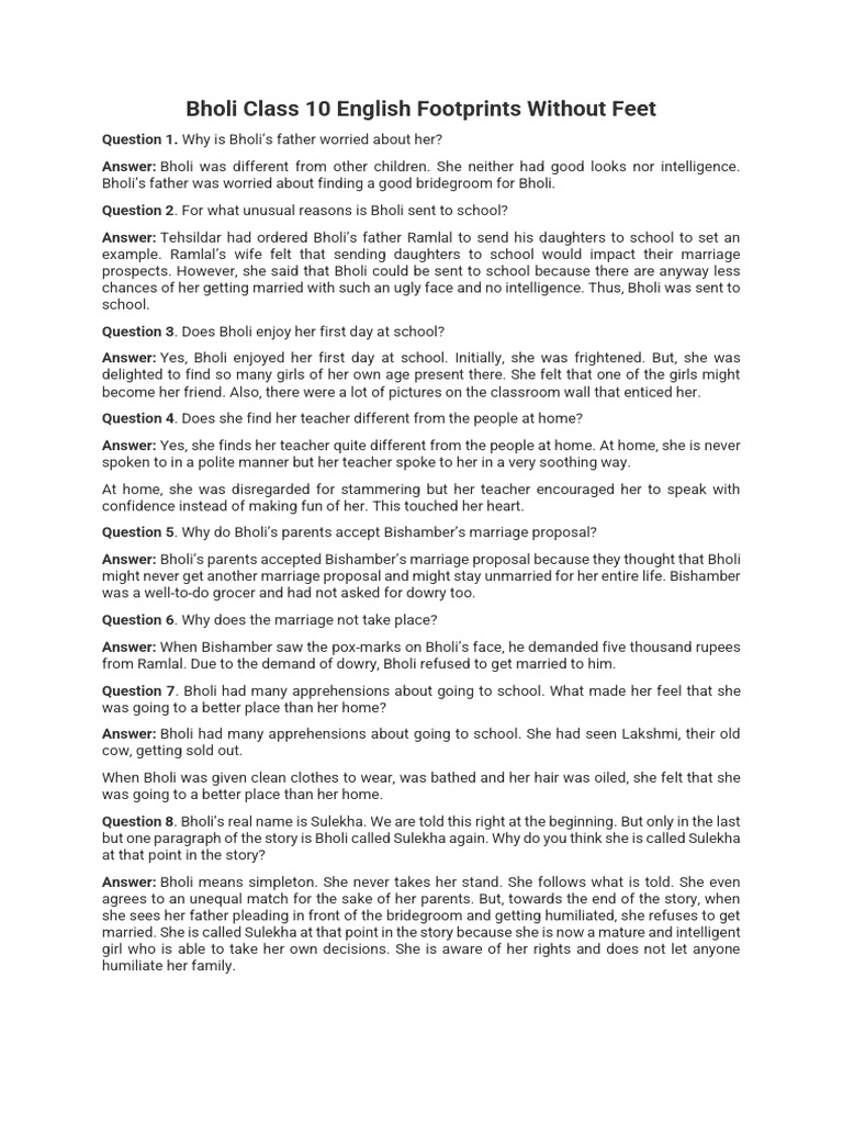 Bholi Class 10 English Footprints Without Feet | PDF