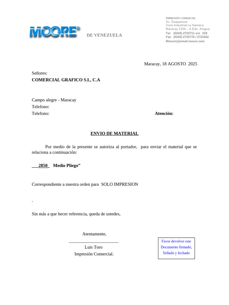 Carta de Envio de Material de Estuches | PDF