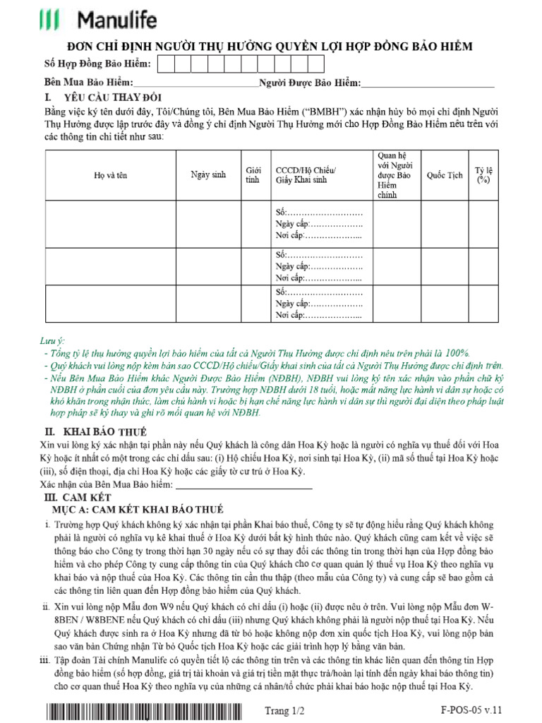Manulife Form Dang Ky Nguoi Thu Huong Moi | PDF
