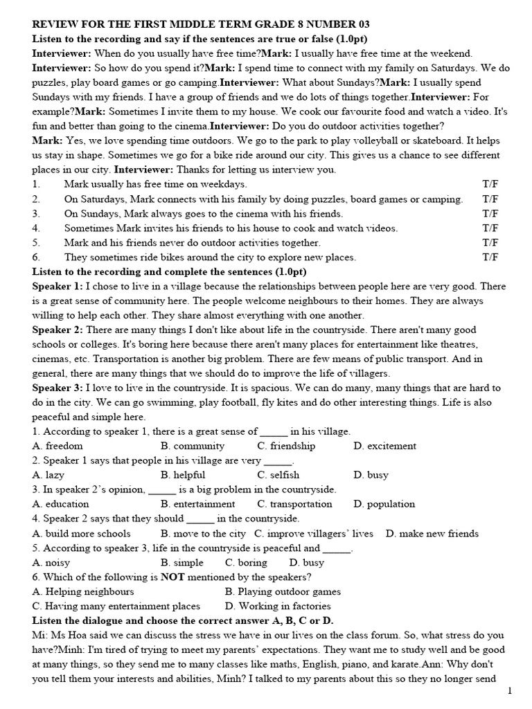 Review for Grade 8 Midterm Exam | PDF