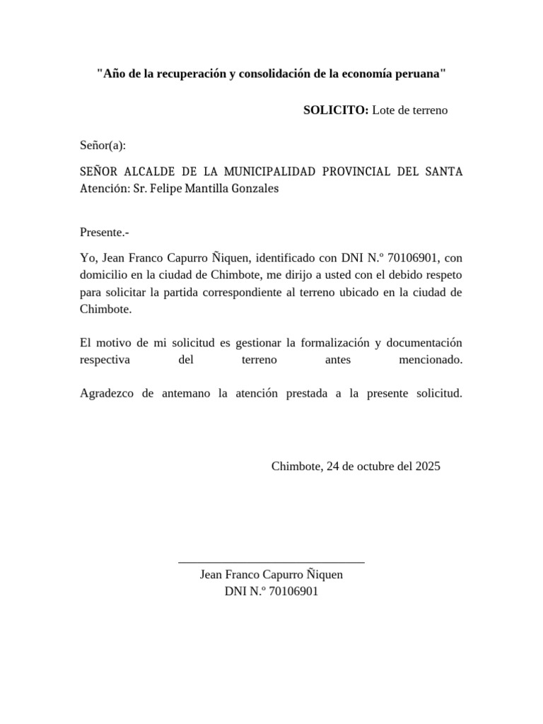 Solicitud de Partida de Terreno Jean Franco Capurro Niquen | PDF
