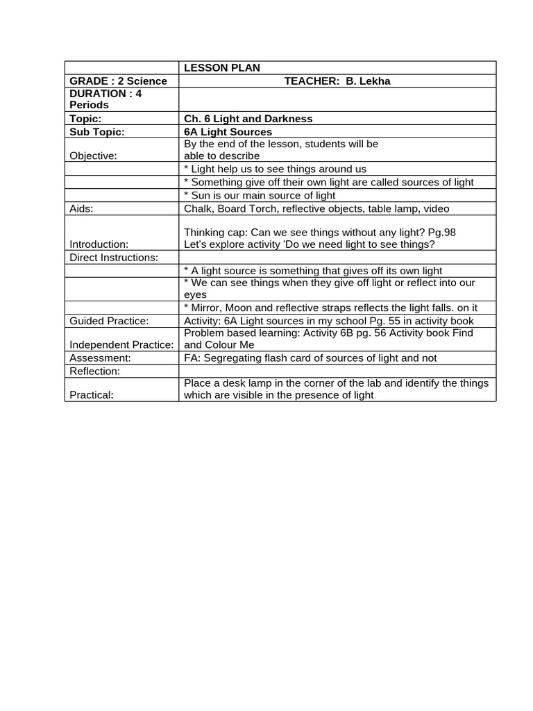 Pre-Assessment for Light and Darkness | PDF | Light | Lesson Plan