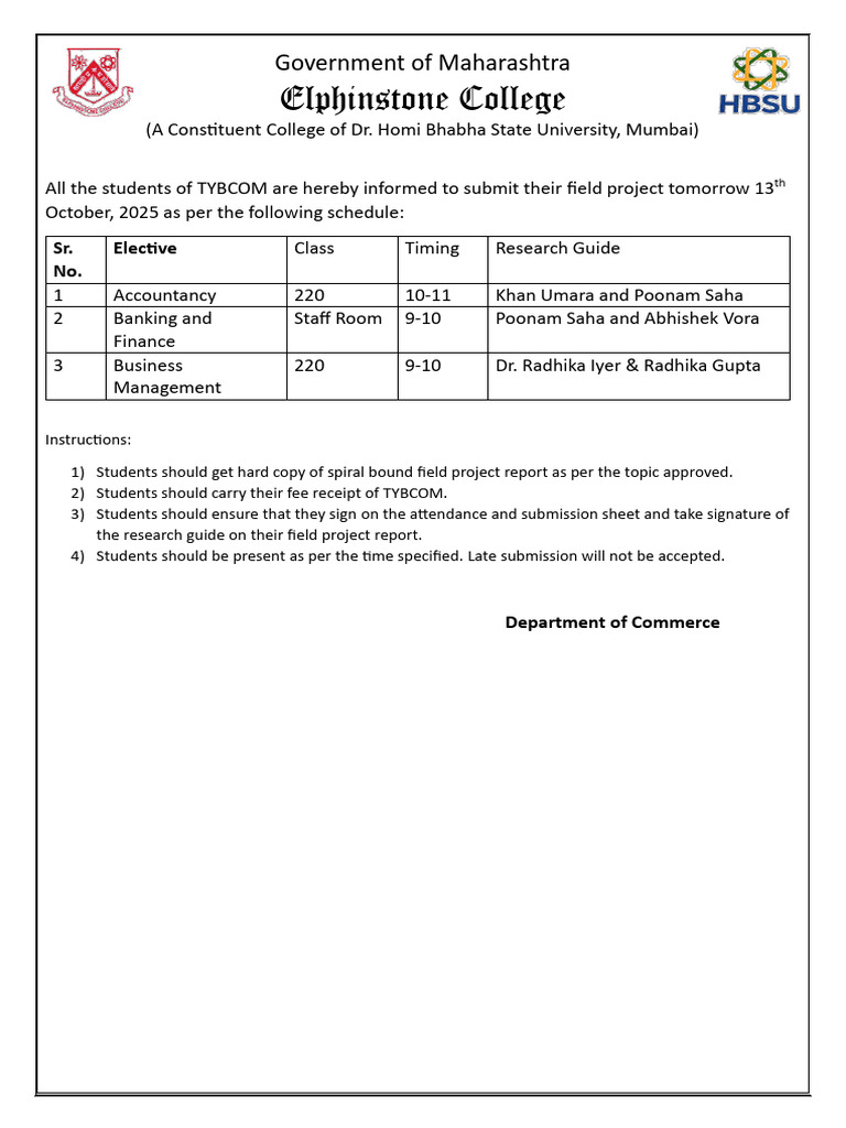 Notice For Field Project Submission TYBCOM ELPHI | PDF