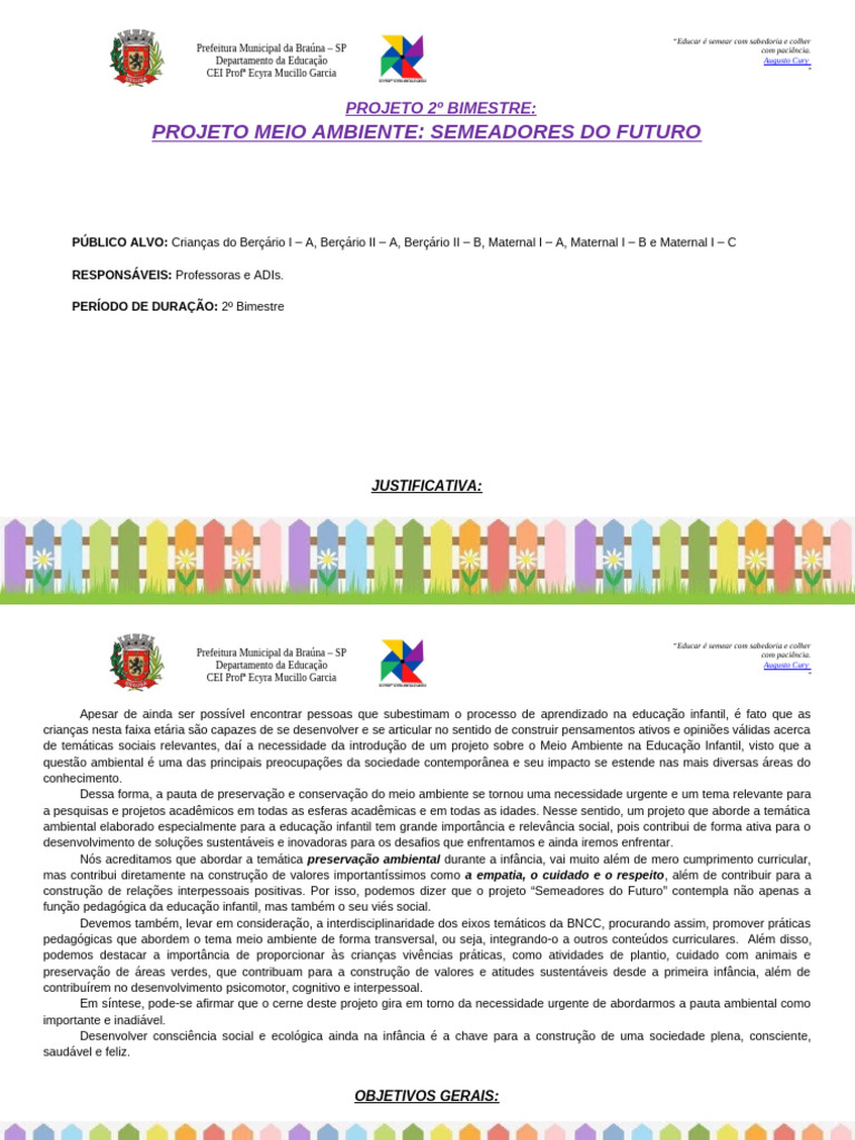 PROJETO MEIO AMBIENTE 2025 | PDF | Educação Infantil | Sustentabilidade