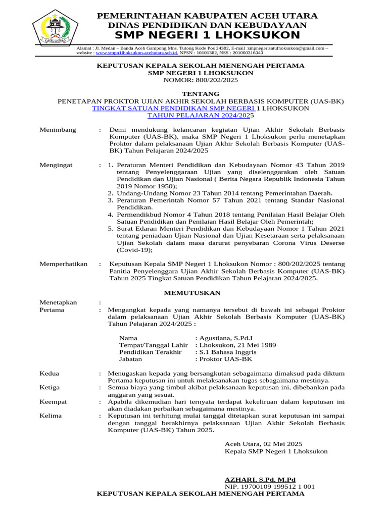 SK Proktor Dan Teknisi UASBK Tahun 2025 SMPN 1 Lhoksukon | PDF