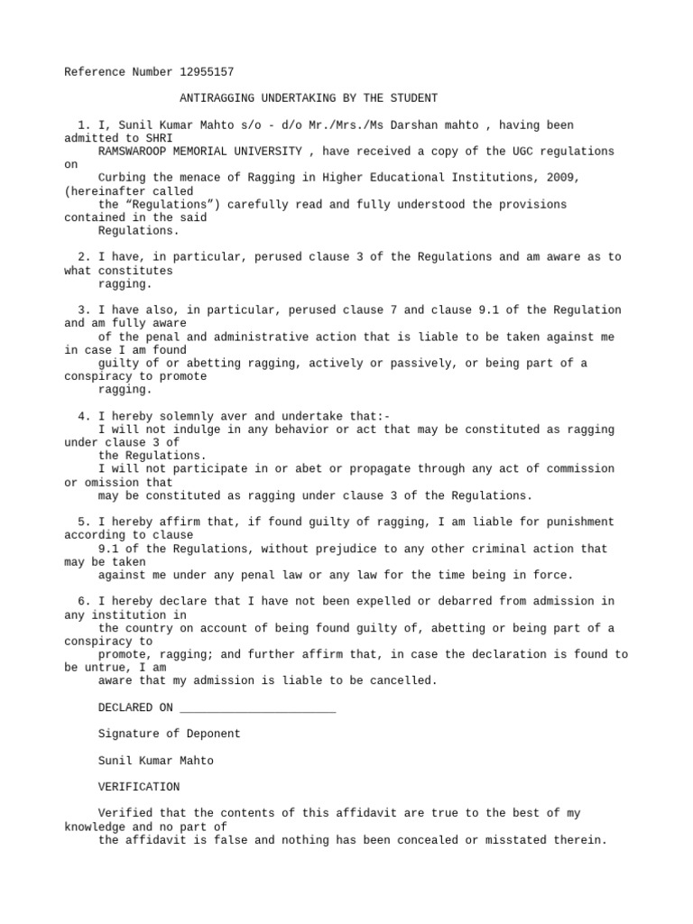 Anti Ragging Affidavit Form | PDF | Affidavit
