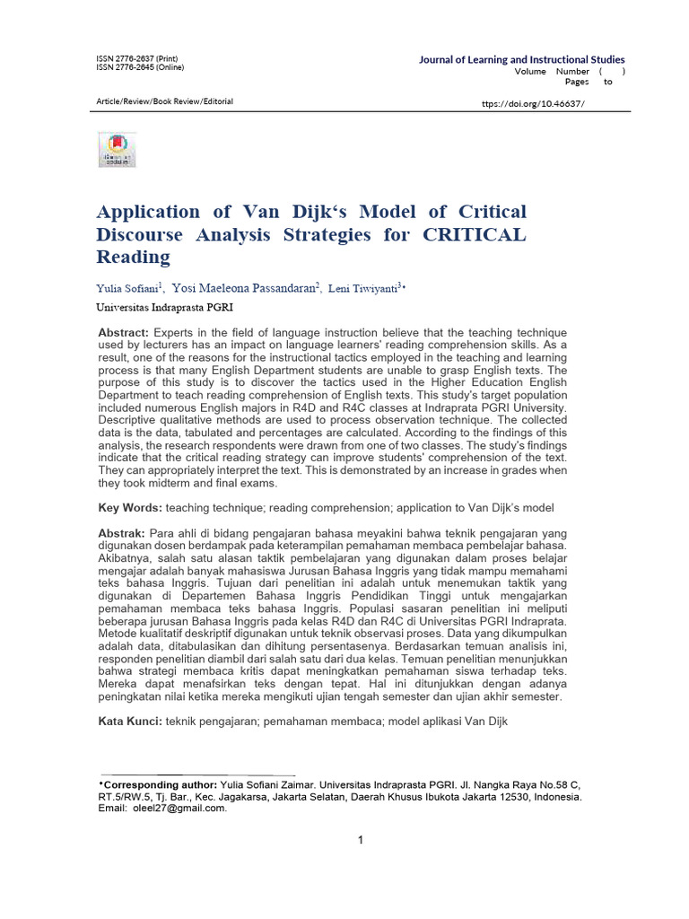 Yulia Dkk Application of Van Dijks Model of Critical | PDF | Data | Analysis