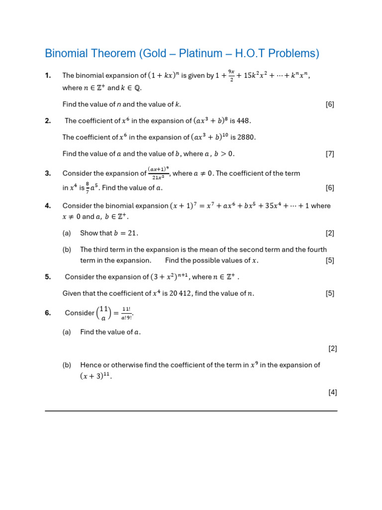 Binomial Theorem Exam Questions | PDF