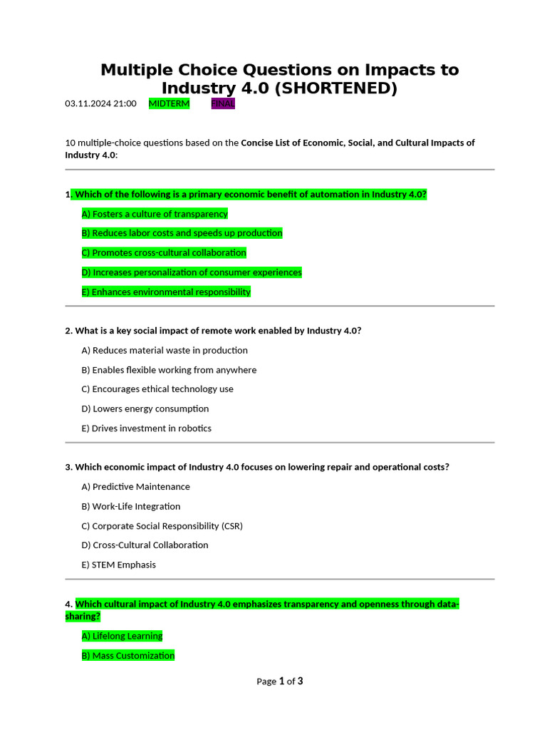 MC Test On Notes Impacts of I4.0 Shortened | PDF | Corporate Social ...