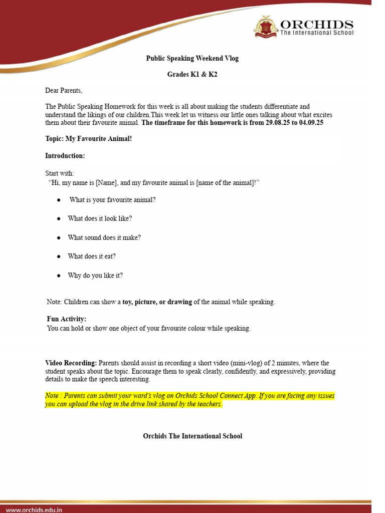 Public Speaking Weekend Vlog Grades K1 & K2 | PDF