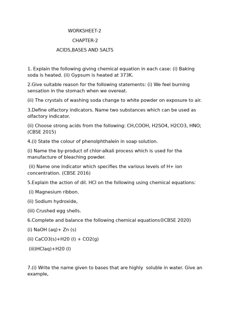 Worksheet-2 Acids, Bases and Salts | PDF | Sodium Bicarbonate | Sodium ...