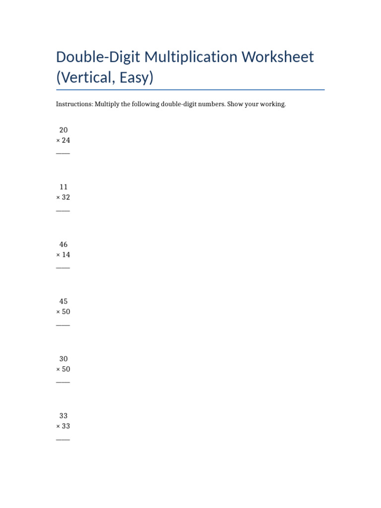 Easy Vertical Double Digit Multiplication Worksheet | PDF