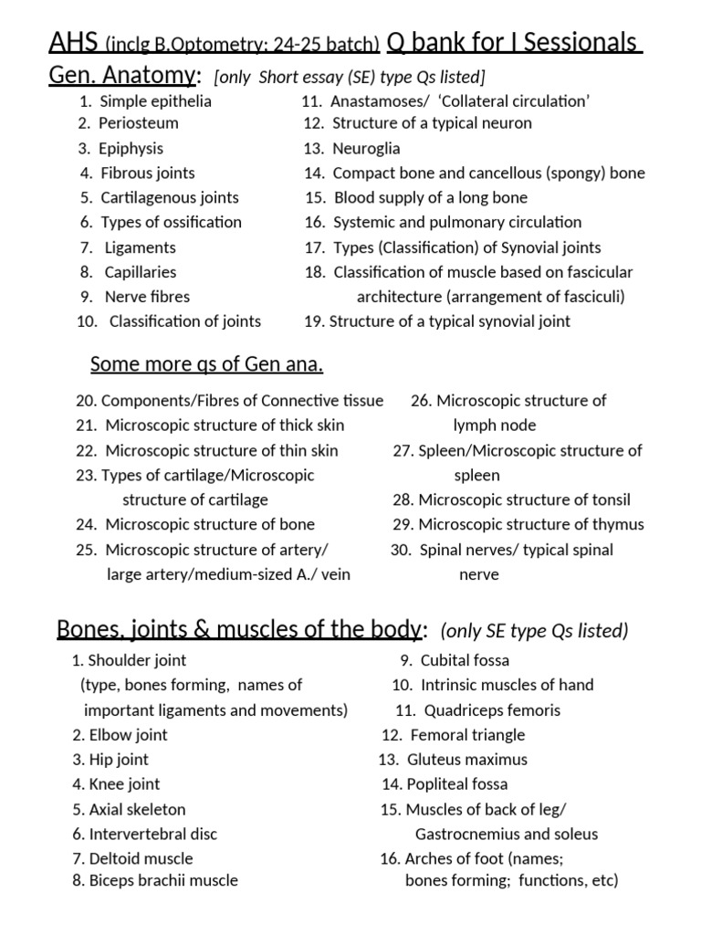 AHS (Inclg B.opto) Question Bank of I Sessional Portions | PDF | Aorta ...